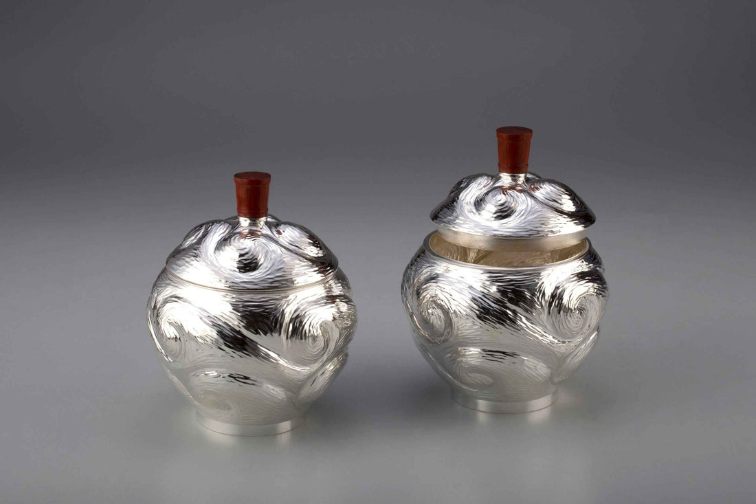 Wavy Textured Candy Jars with Red Wood Knob Set of 2 Sterling Silver ...