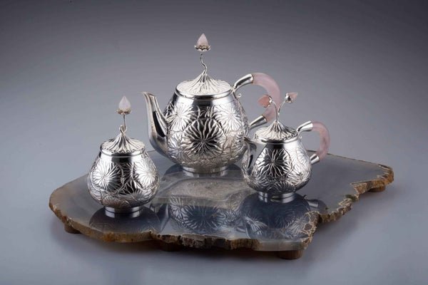 Lotus Leaf Tea Set with Rose Quartz Stone Handles Set of 3 - Elunique