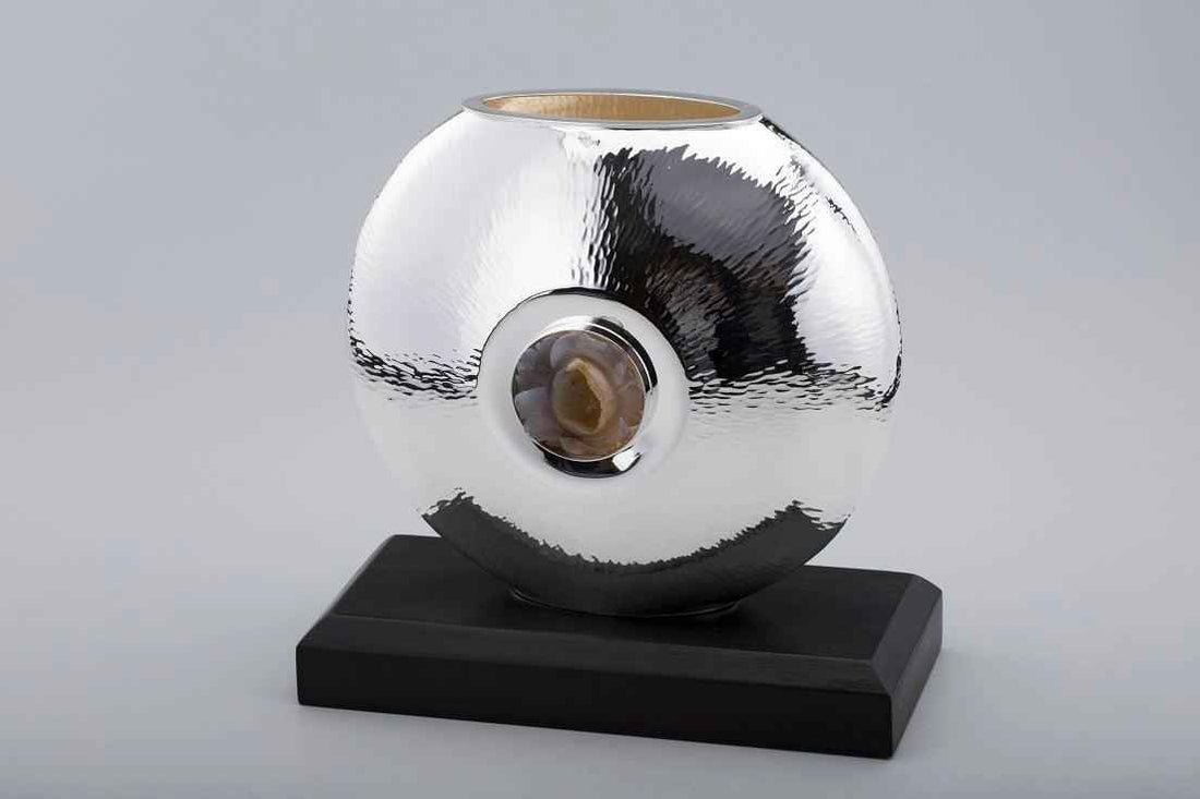 Hammered Elliptical Shaped Vase with Agate Flower Sterling Silver ...
